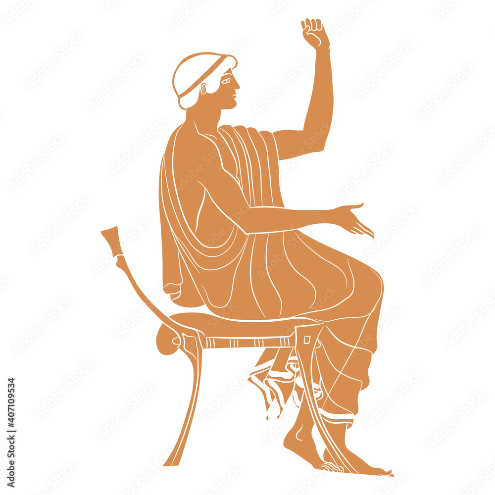 Ancient Greek young man with raised hand sitting on a chair. Based on ...