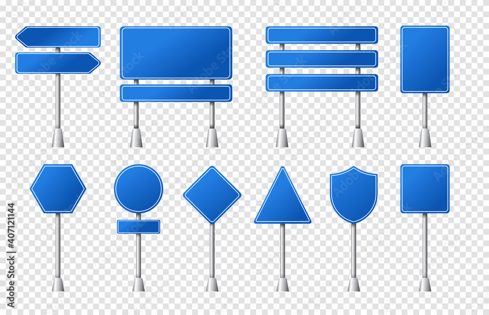 Realistic traffic signs on metal steel pole isolated. Diffrent blue ...