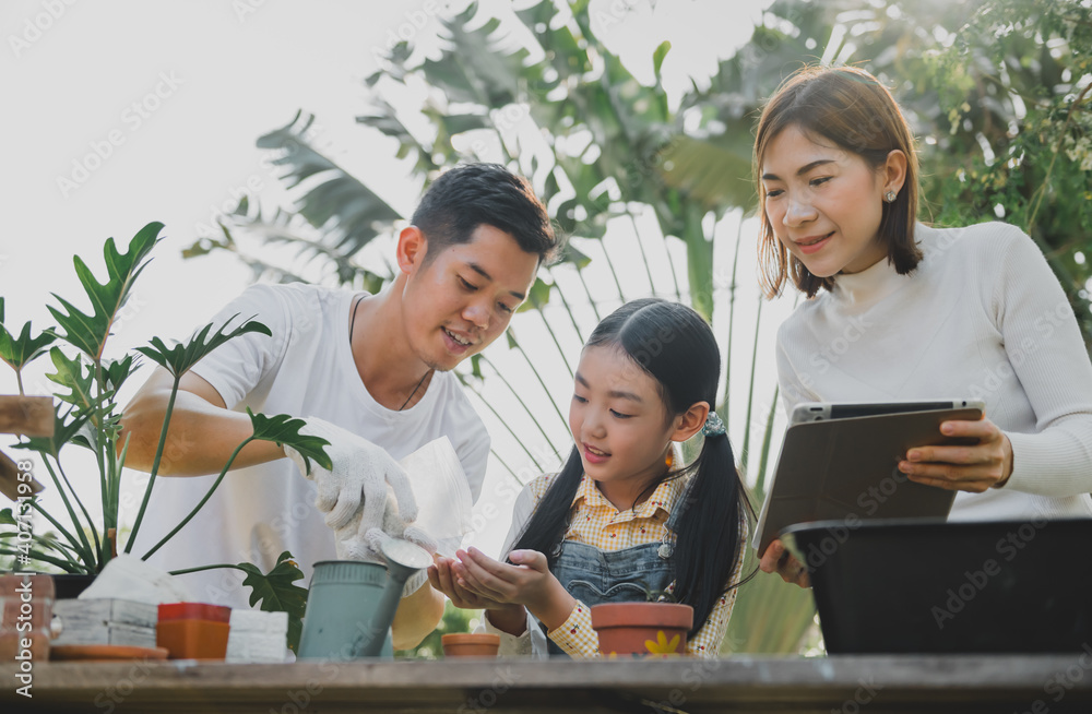 Parent and daughter planting tree in garden at home. Family lifestyle ...