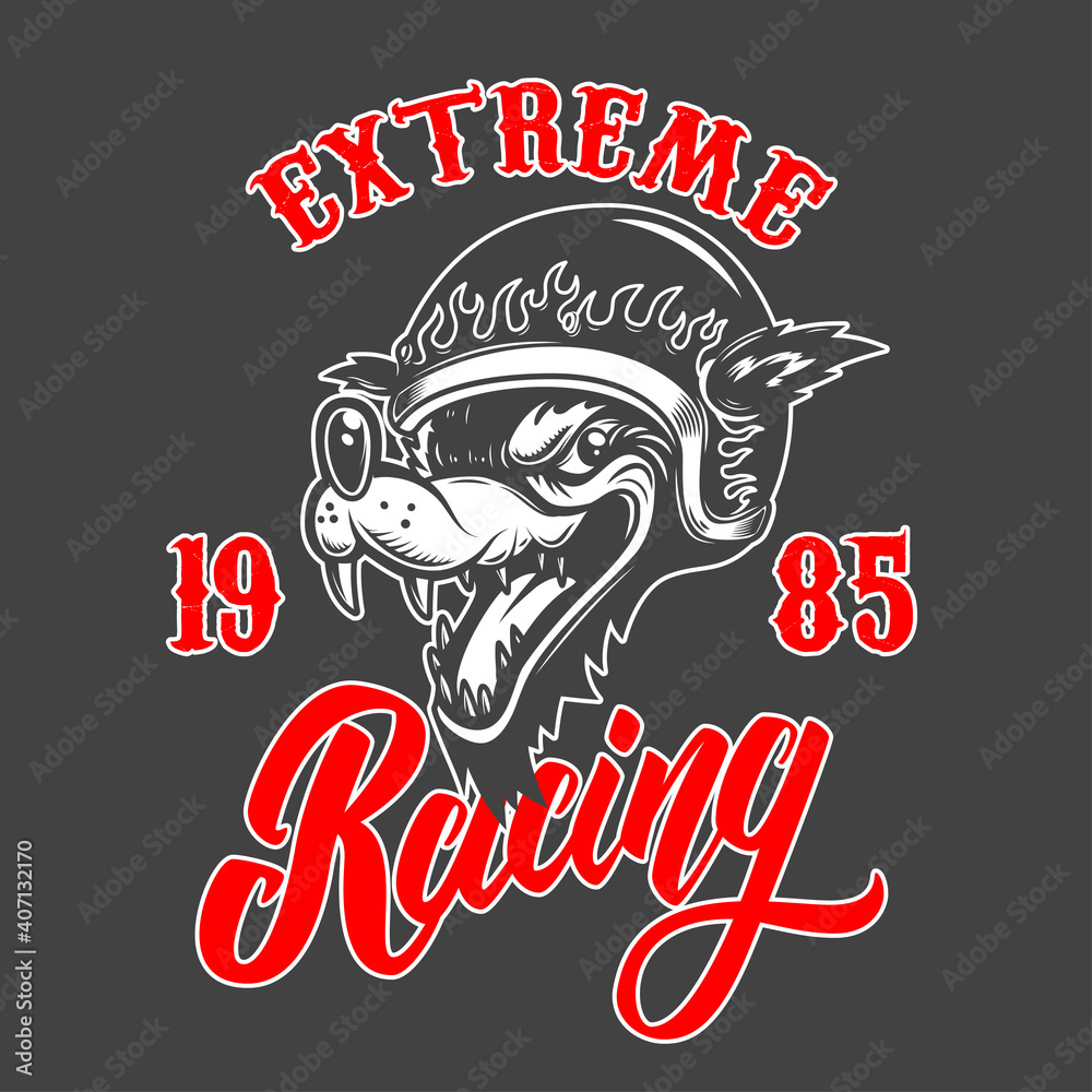 Extreme Racing. Emblem template with cartoon racer wolf. Design element ...