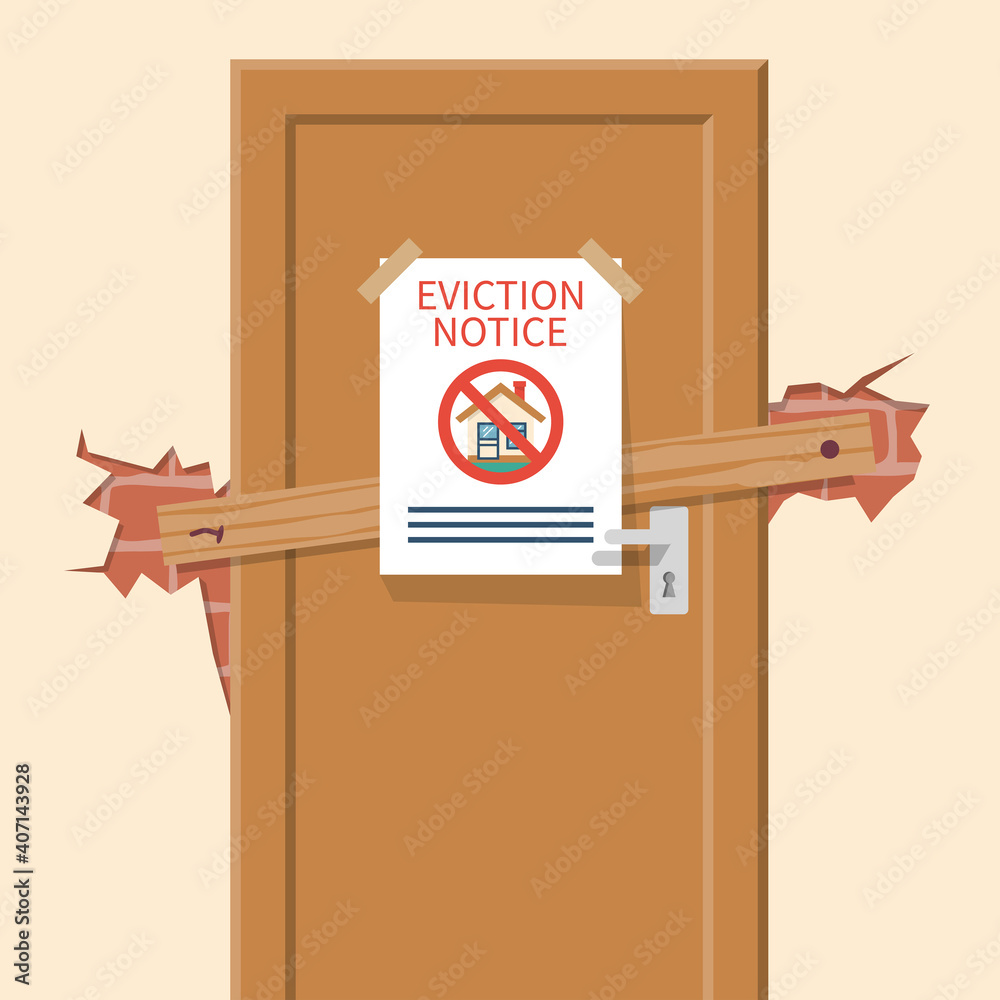Eviction notice, white sheet on door. Stop sign at the entrance. Key in ...