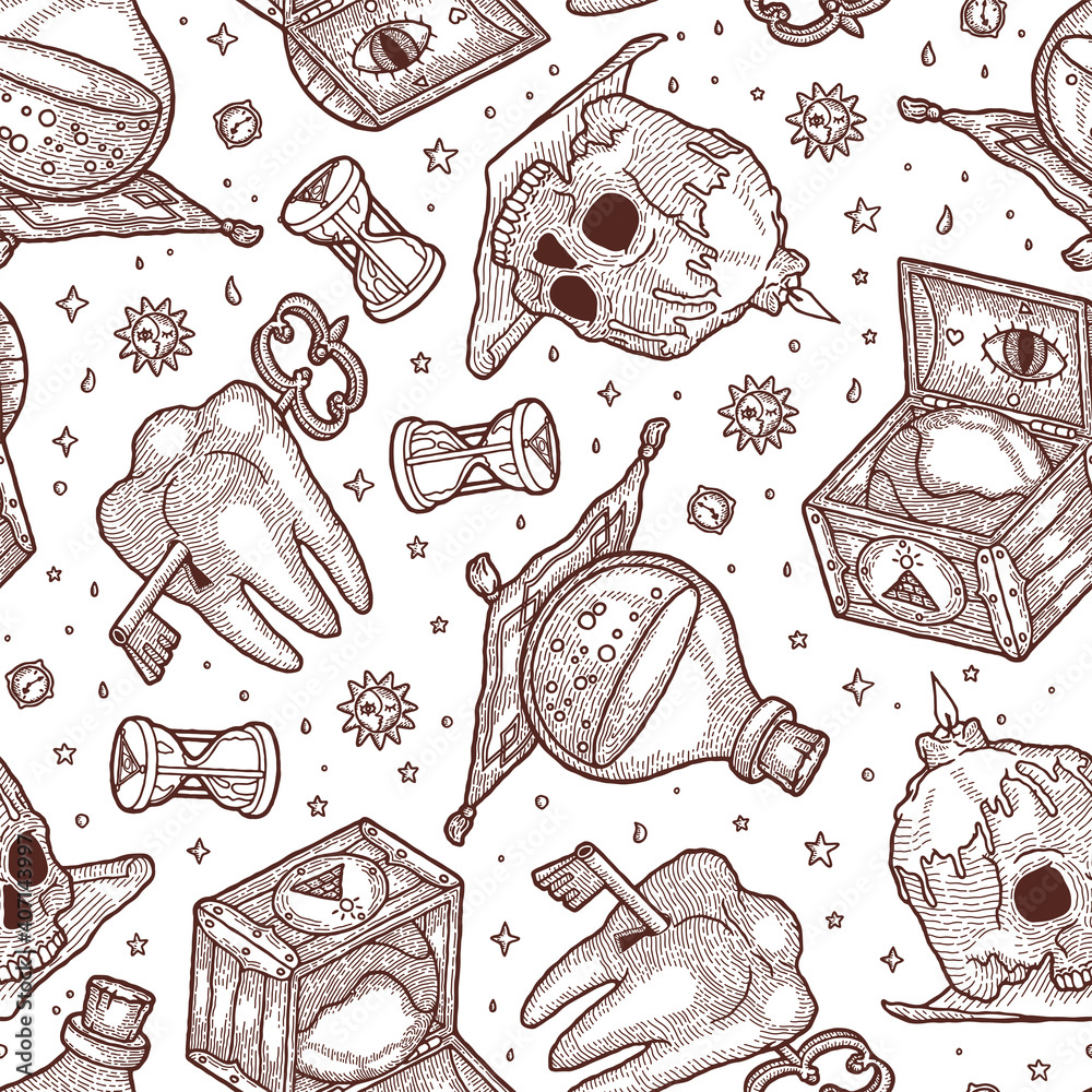 Magical Mystic Seamless Pattern of Witch Element. Monochrome Set in ...