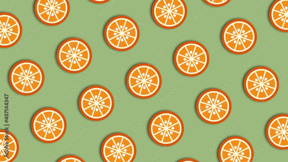 rotating orange slice in a pattern on light green background loop ...