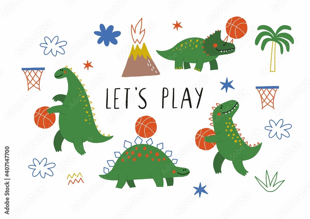 Cute Dinosaurs playing basketball - vector illustration in flat style ...