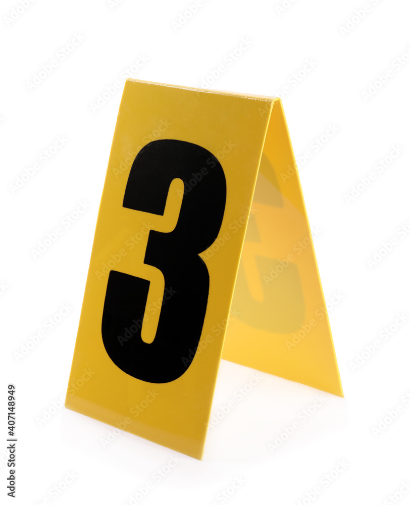 Yellow crime scene marker with number three on white background Stock ...
