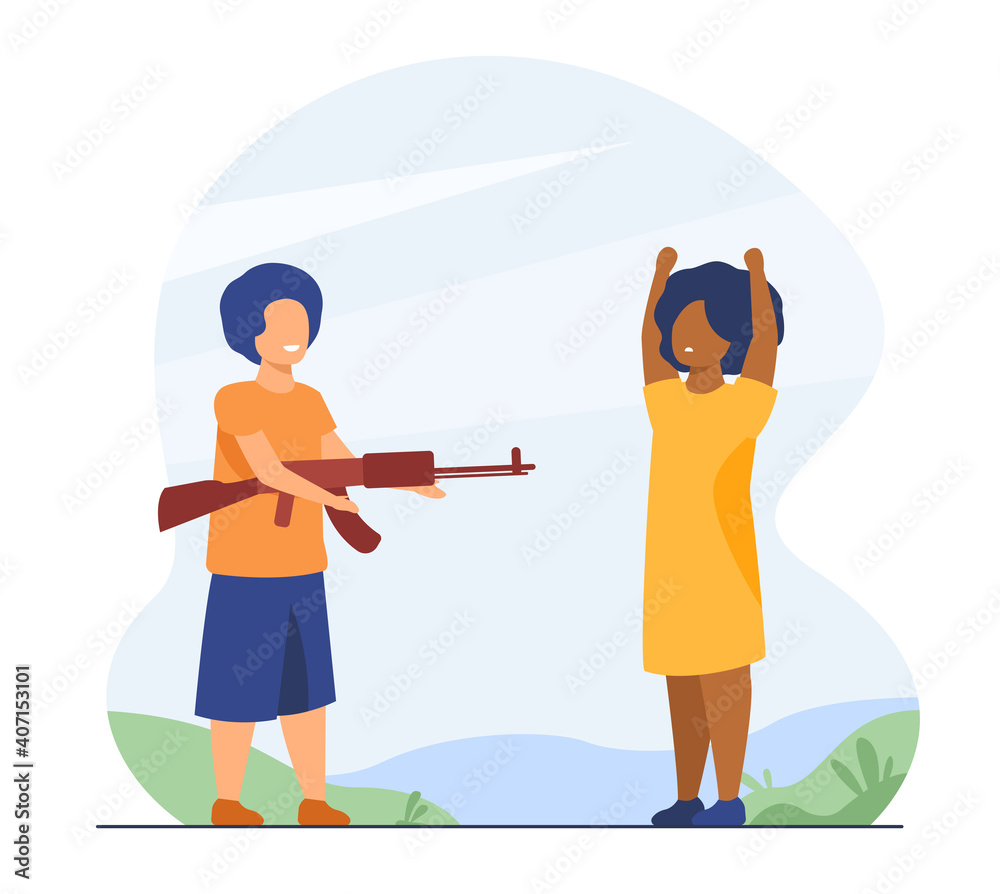 Diverse kids playing with weapon. Boy aiming riffle at black girl. Flat ...