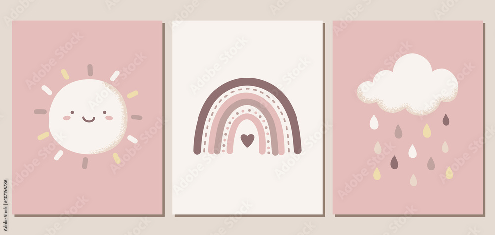 Set of weather themed vector illustrations in blush pink colors. Cute ...