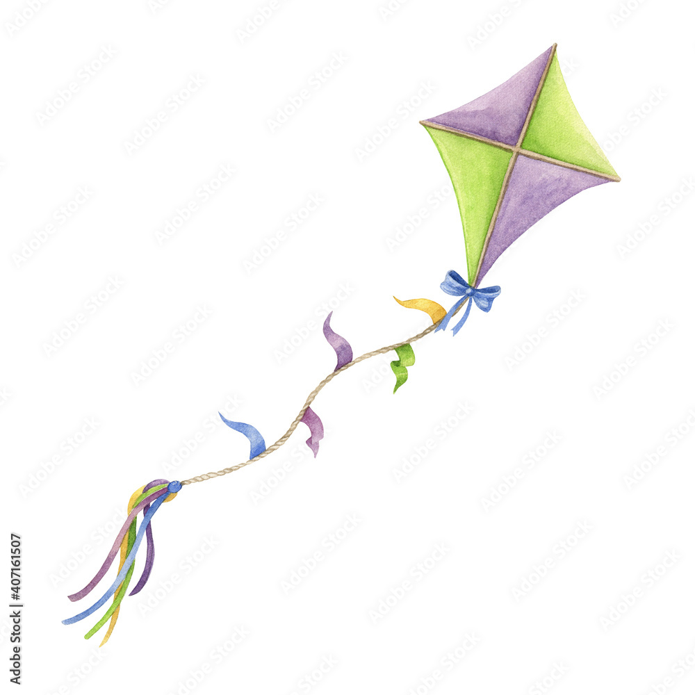 Bright kite watercolor illustration. Hand drawn flying toy for outdoor ...