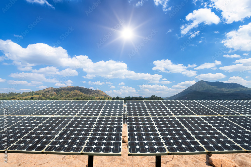 power solar panel on landscape Sandy beach and lake views nature forest ...
