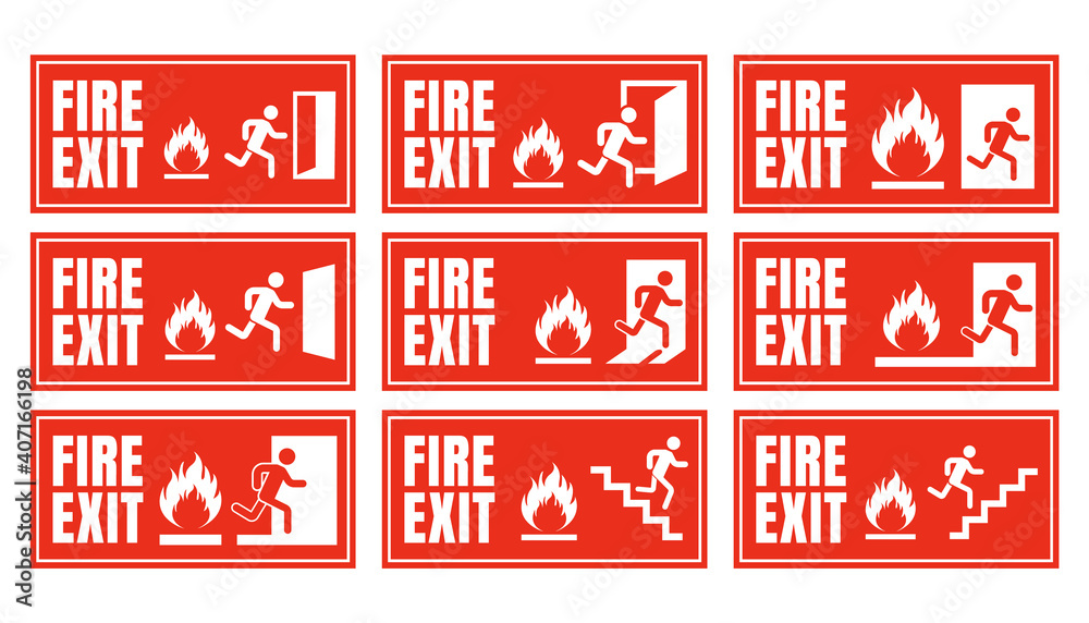 emergency fire exit sign set, exit door label Stock Vector | Adobe Stock