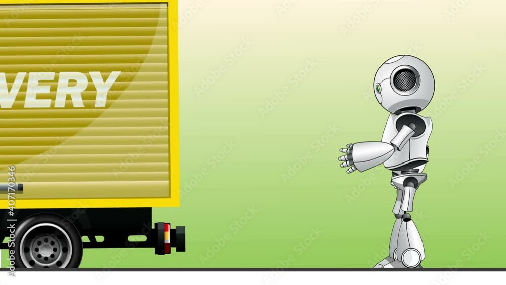 2D animation of a robot making delivery with a gift, in a cartoon style ...