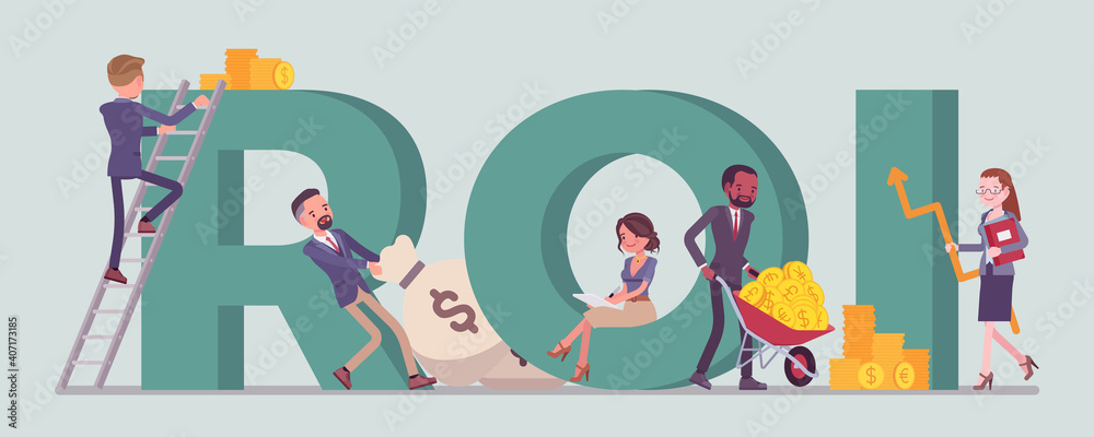 Return on Investment, ROI gaining, profit from an activity. Young happy ...