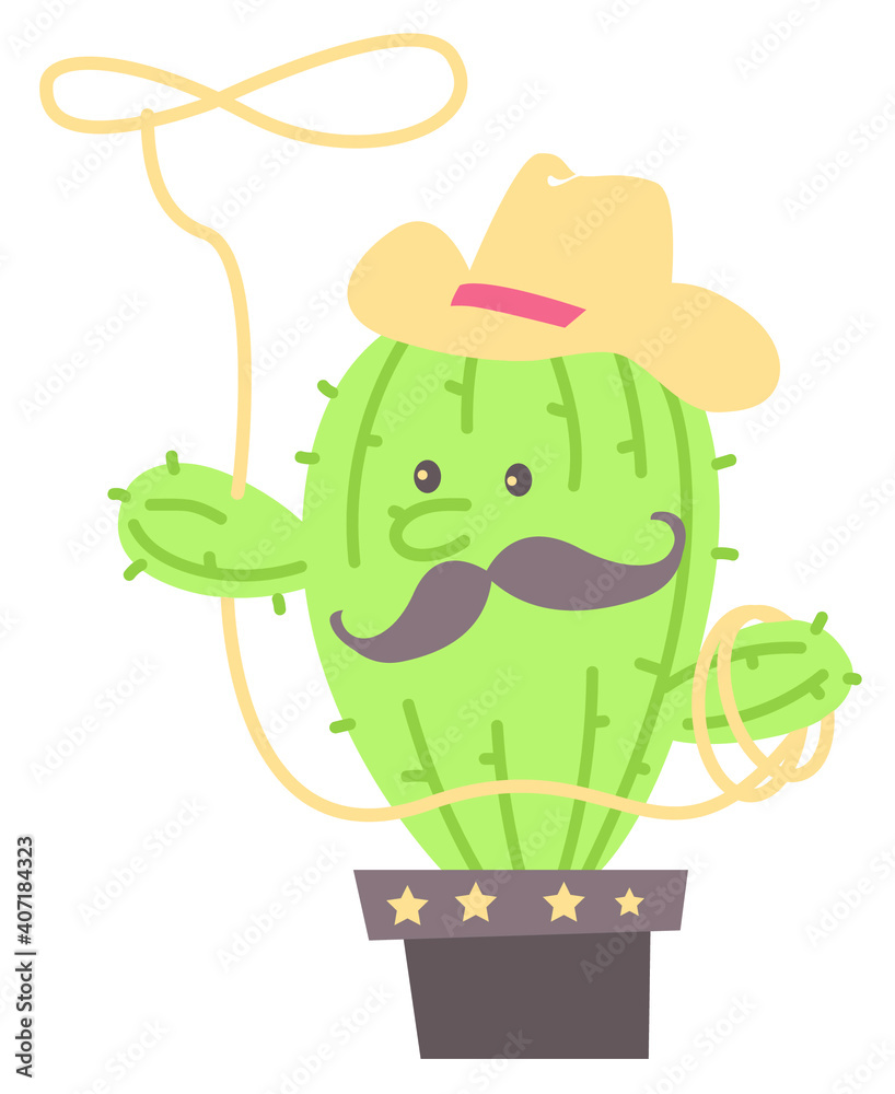 Cactus in cowboy hat with cowboy lasso rodeo. illustration isolated on ...