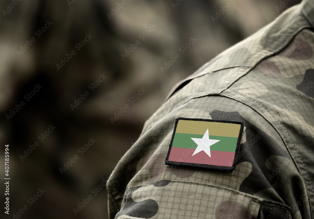 Flag of Myanmar and also known as Burma on military uniform. Army ...