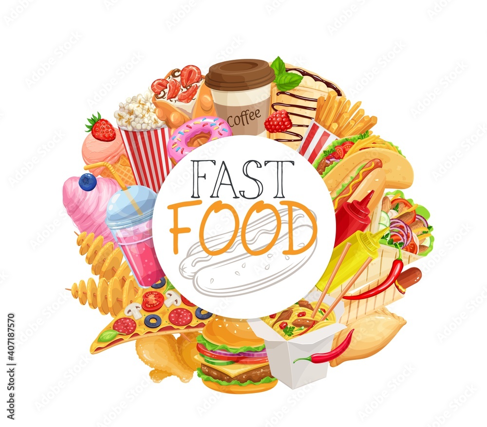 Fast food circle frame of takeaway products, vector colourful realistic ...