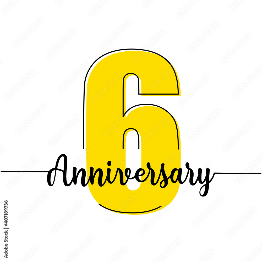 Continuous one line drawing number six and lettering of a anniversary ...