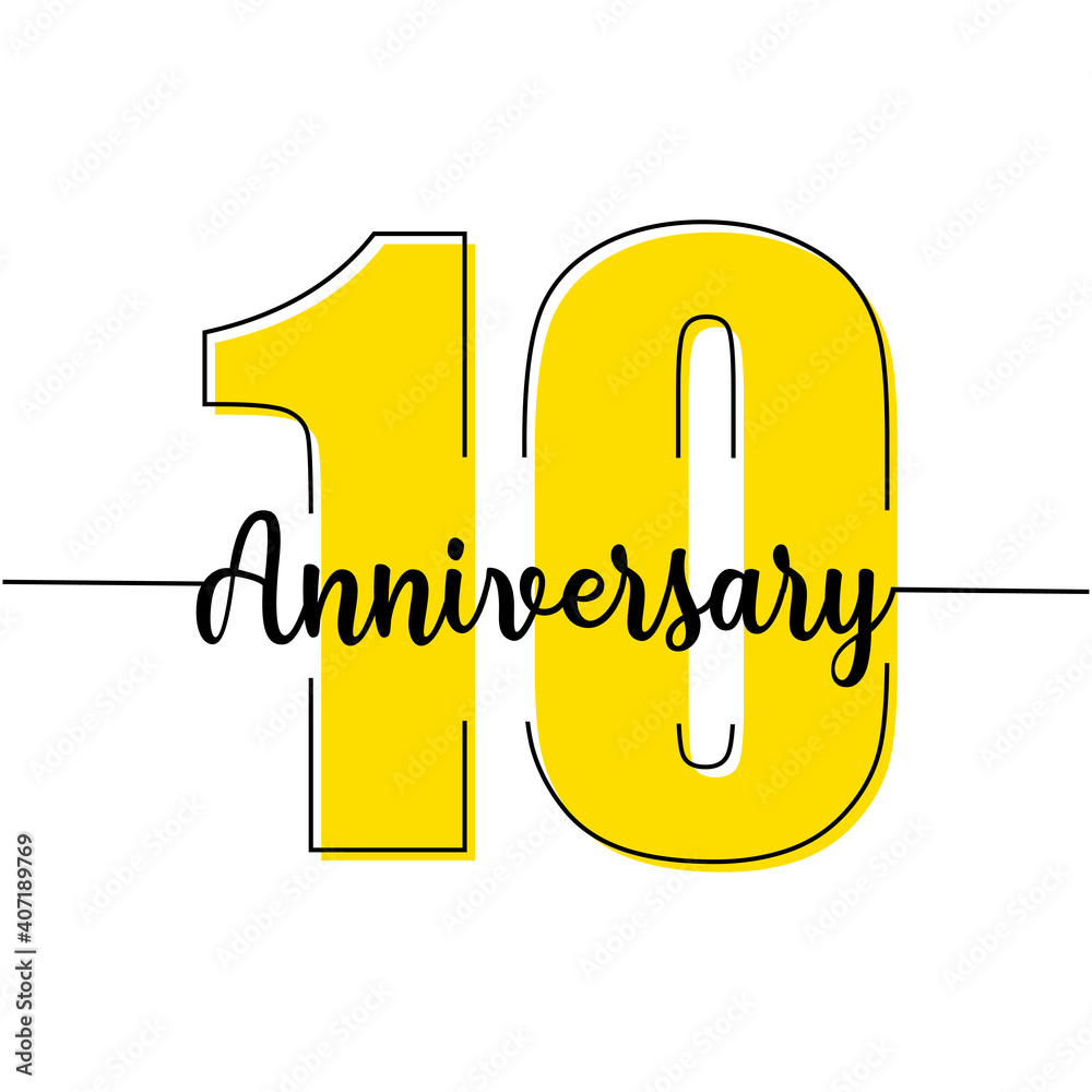Continuous one line drawing number ten and lettering of a anniversary ...