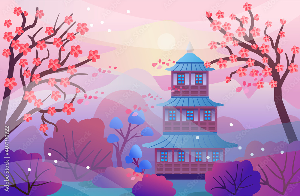 Spring Japanese landscape in cartoon style. Beautiful landscape with ...