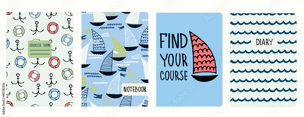 Set of cover page templates with sailing boats, anchors, lifesavers ...