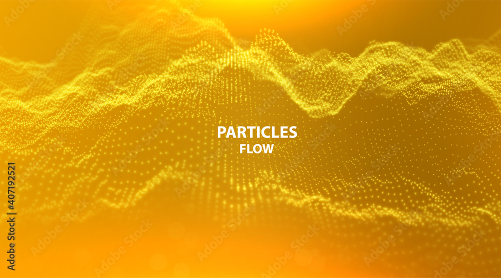 Wave of yellow particles. Abstract technology flow background. Sound ...