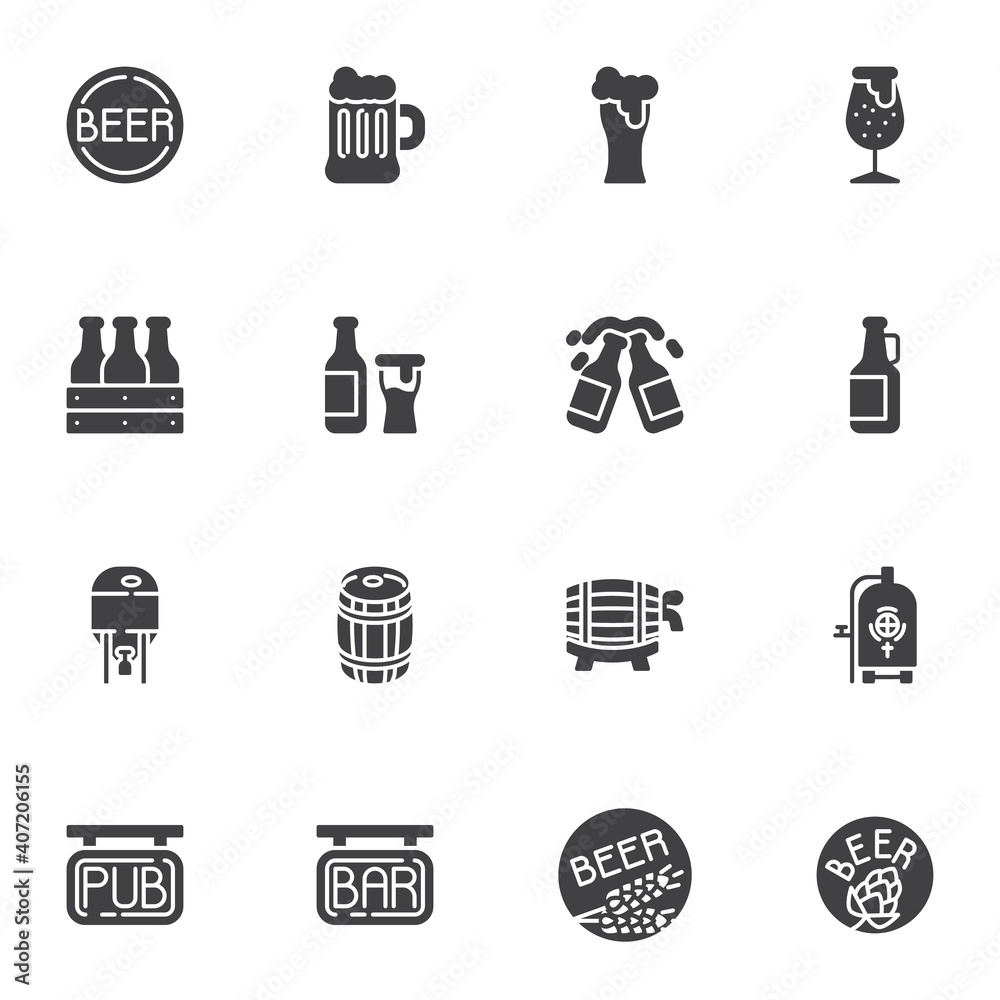 Beer pub vector icons set, brewery modern solid symbol collection ...