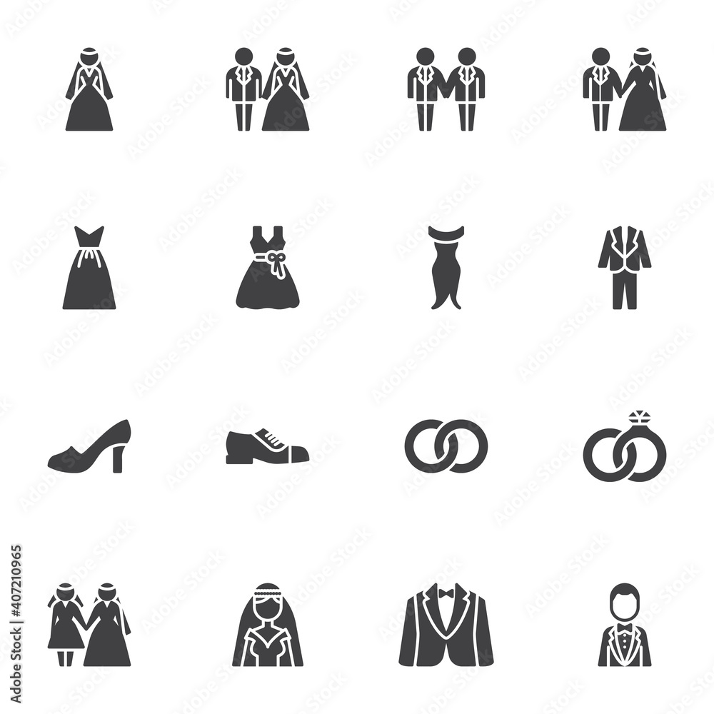Wedding and marriage vector icons set, modern solid symbol collection ...