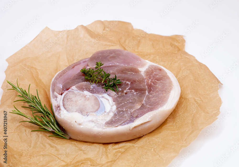 Beef Leg Slice salted with spice isolated on white background. Round ...