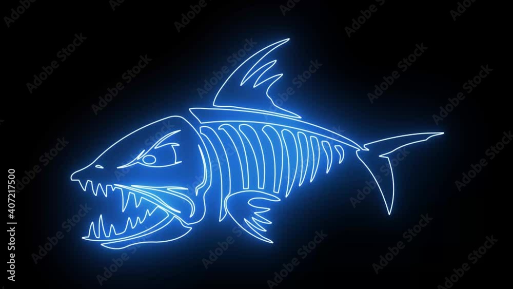 Glowing neon line Fish skeleton icon isolated on black background. Fish ...