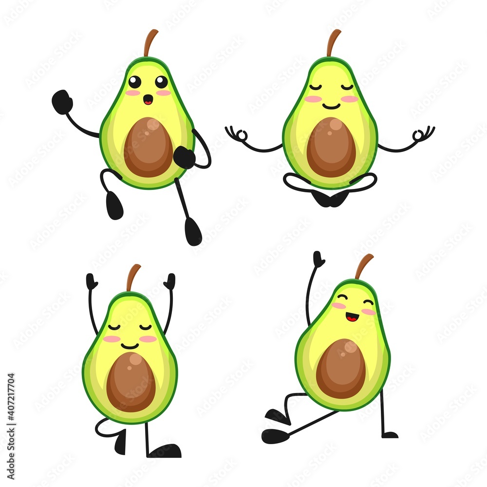 vector illustration of cute avocado fruit yoga meditation theme bundle ...