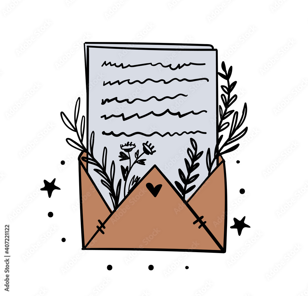 Envelope with letter and branches of plants with leaves, color ...