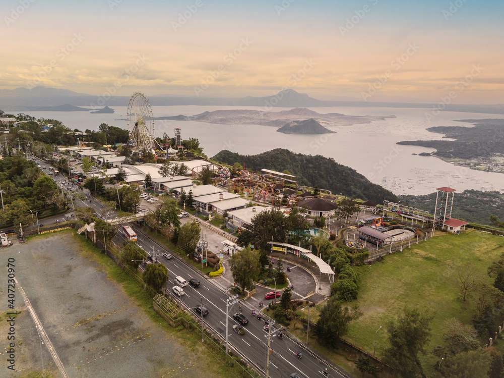 Aerial of Sky Ranch Tagaytay, an amusement park with a large ferris ...