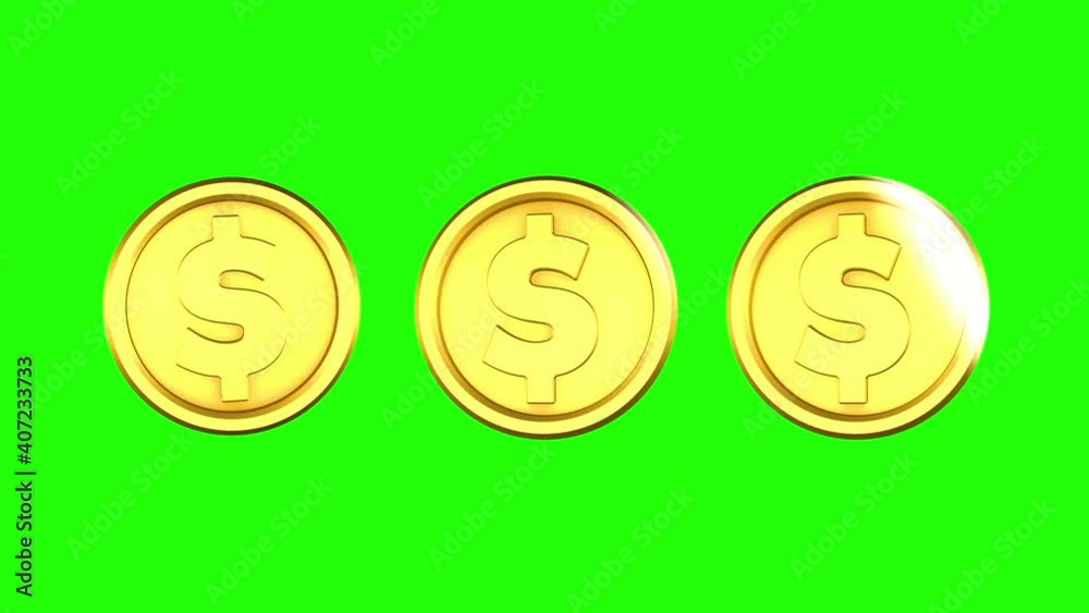 3d animated rotating gold coins. 4K video. Rotation on green screen ...