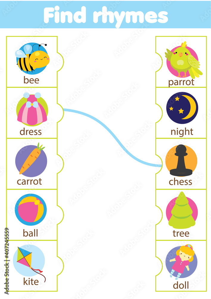 Naklejka Matching Rhyming Words Game Educational Children Activity 