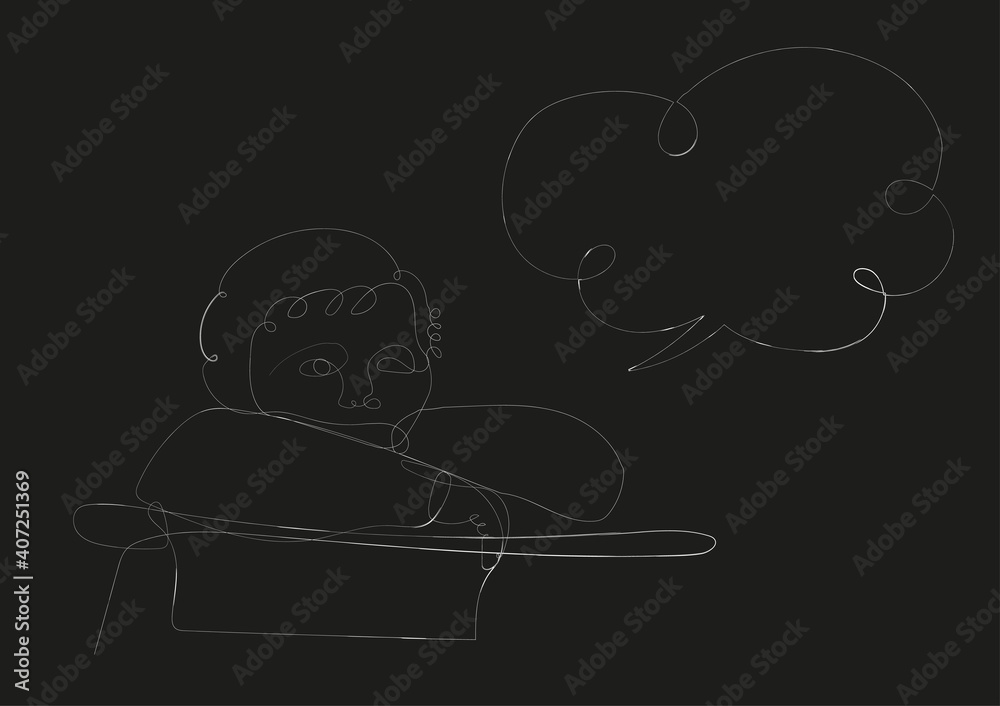 One line drawing abstract portrait kid standing alone with though ...