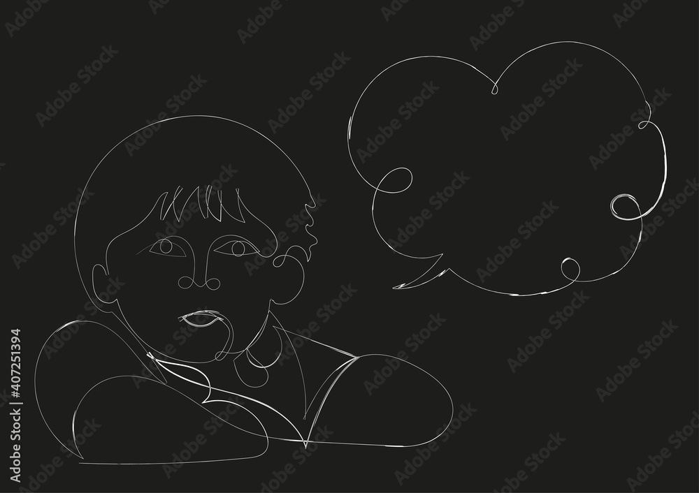 One line drawing abstract portrait kid sitting alone with though bubble ...