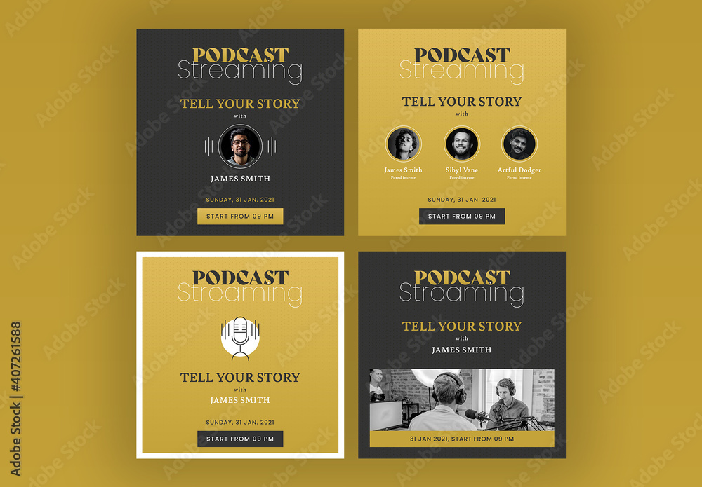 Podcast Social Media Layout Set with Golden Accents Stock Template ...