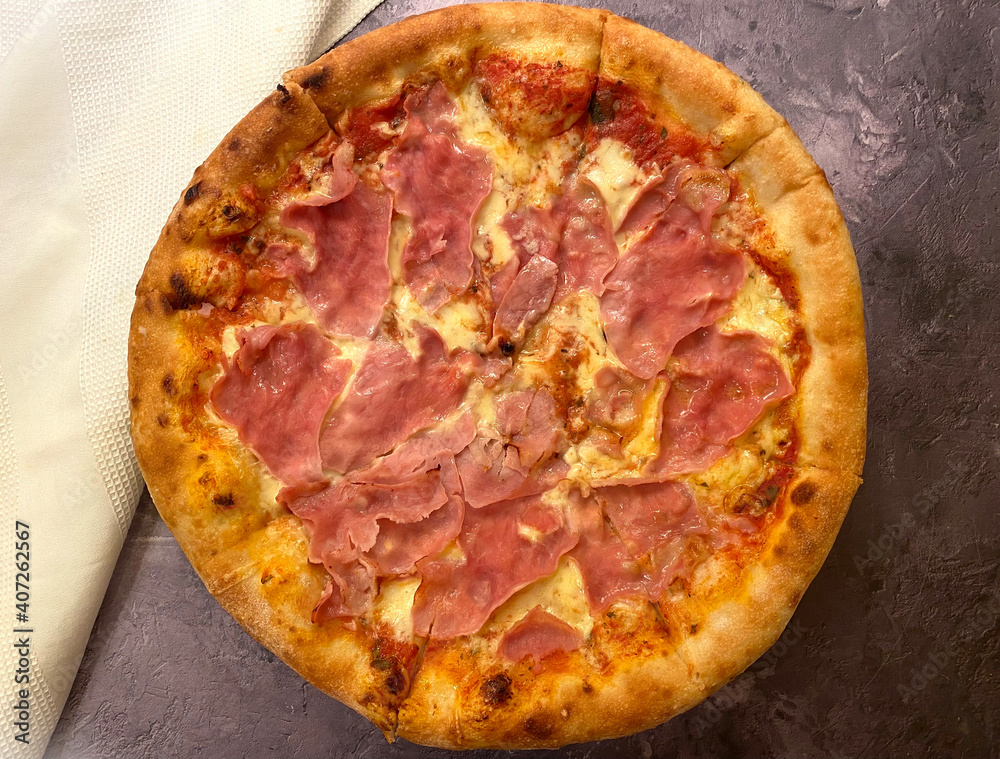 Ham and cheese pizza, also known as pizza cardinale with tomato sauce ...