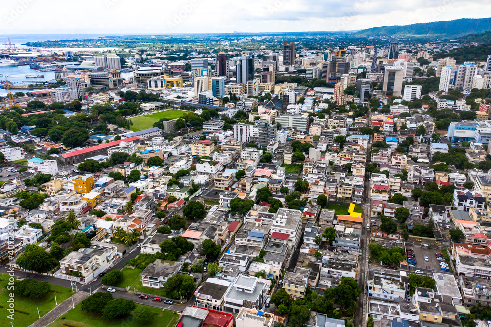 Aerial view, city view of Port Louis with harbor, old town and ...