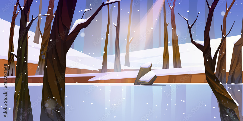 Vetor de Winter landscape with frozen lake in forest, white snow and ...