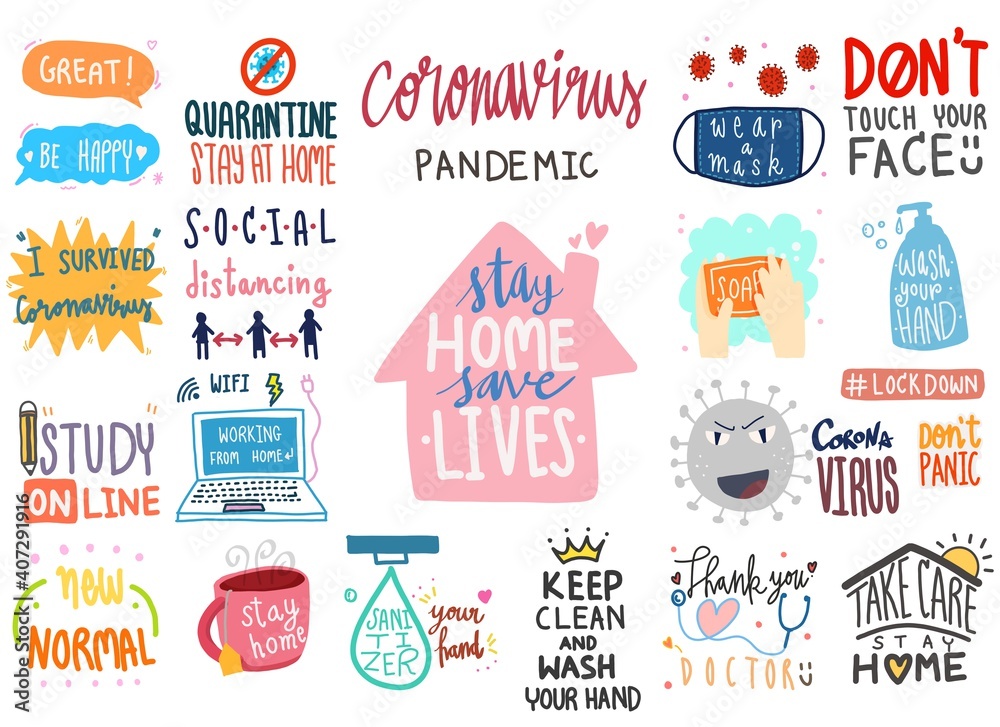 coronavirus covid-19 lettering doodle banner digital sticker concept ...