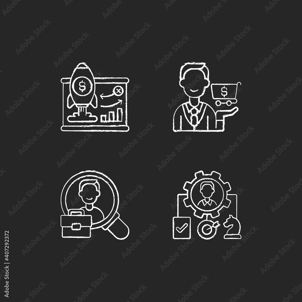 Corporate structure chalk white icons set on black background. Business ...