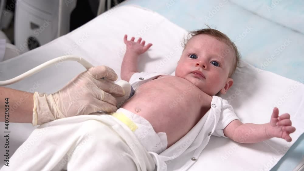 A female doctor conducts an ultrasound examination of soft tissues and ...