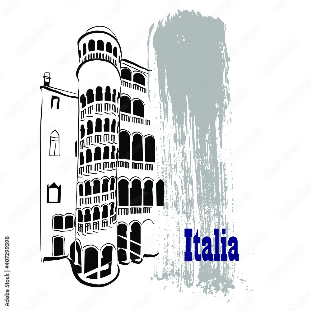 Vector linear illustration of ancient Italian architecture. An artistic ...