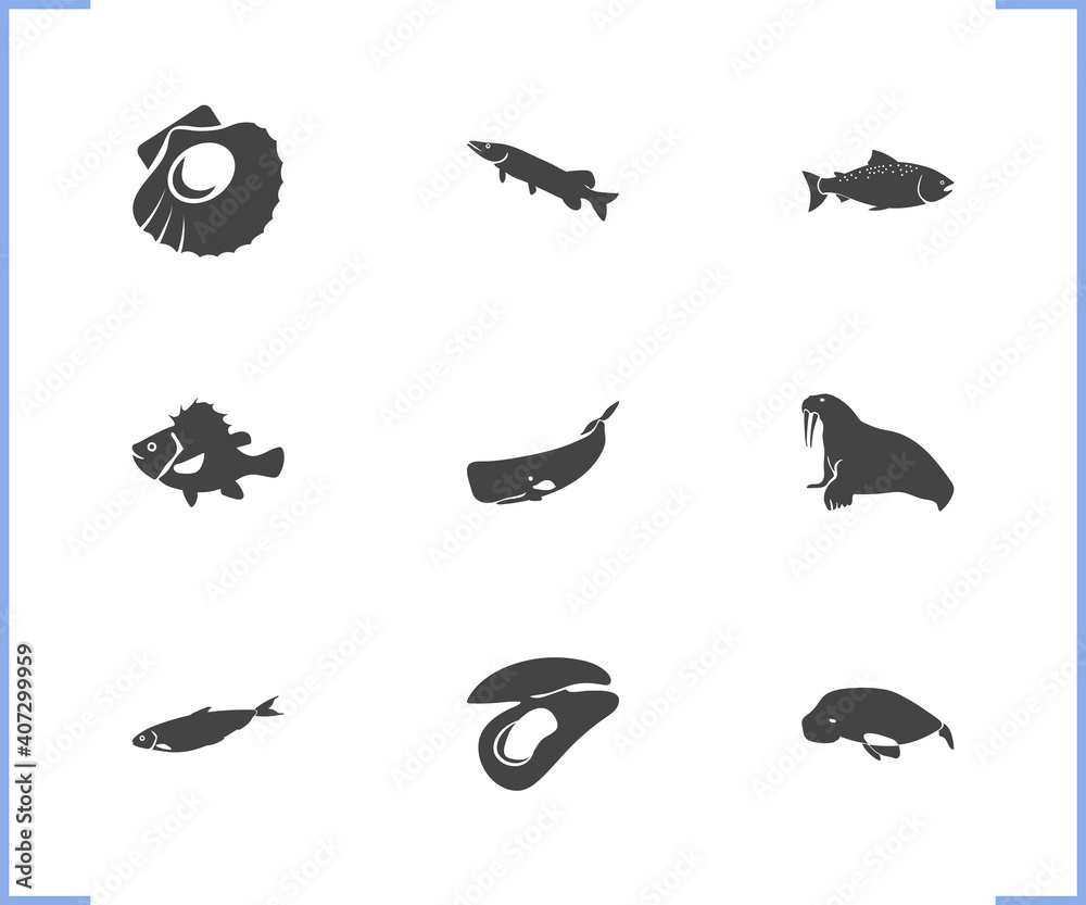Aquatic icon set and scallop with sperm whale, mussel and herring ...