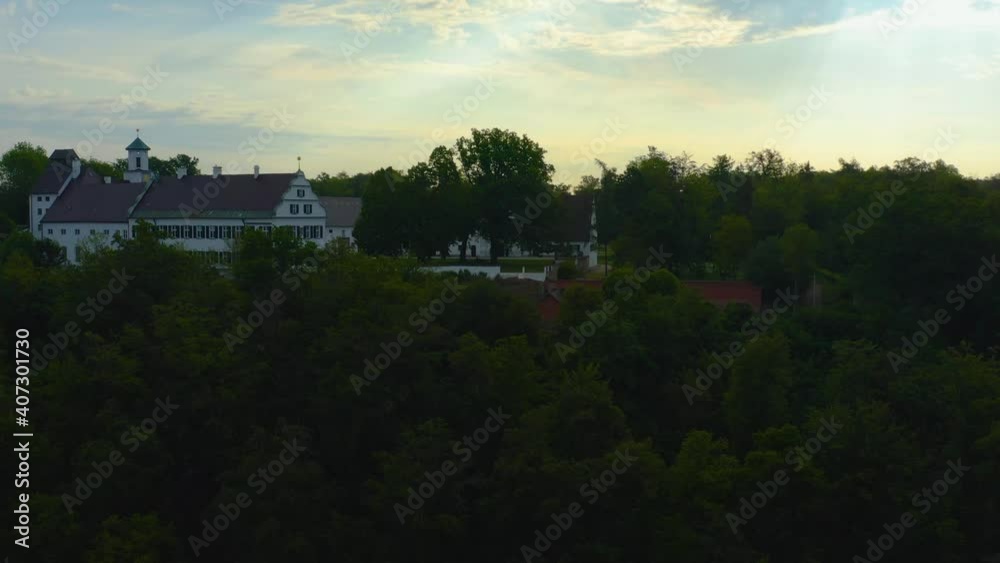 Aerial view of the village Rehling and castle Scherneck in Germany ...