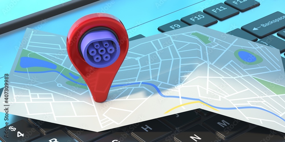 Electric car plug and a pinpointer on a city map, computer background ...