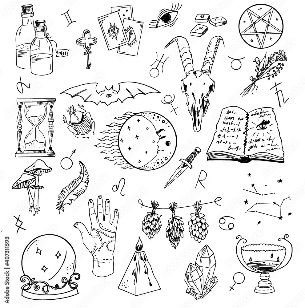 Design set with graphic drawings of mystic and religions and devil ...