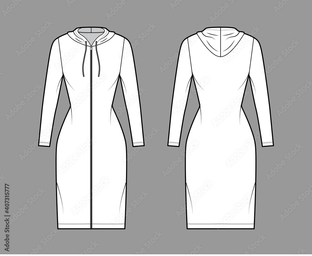 Hoodie zip-up dress technical fashion illustration with long sleeves ...