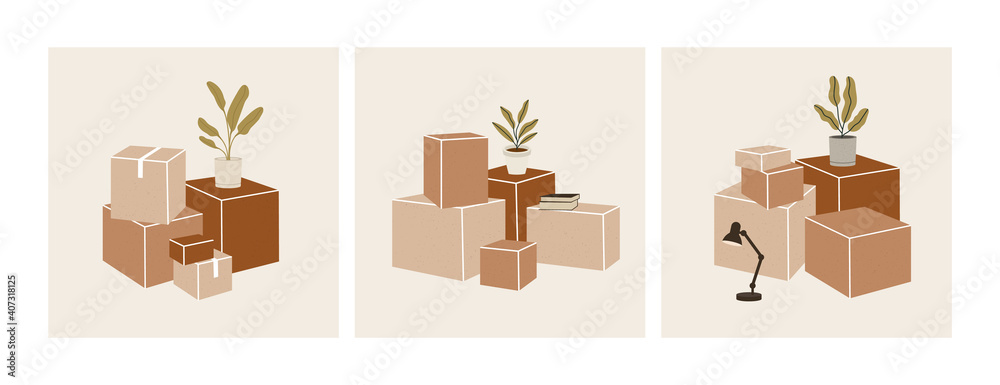 Vector illustration of three compositions cardboard boxes with home ...