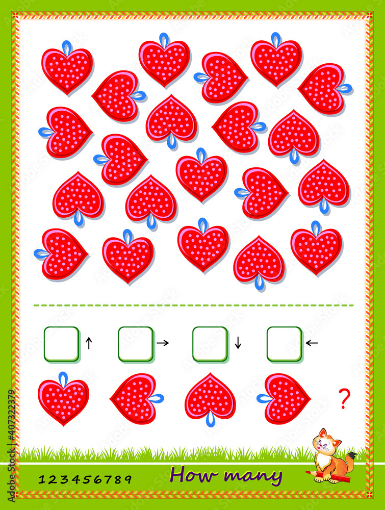 Mathematical education for children. Count quantity of hearts in each ...